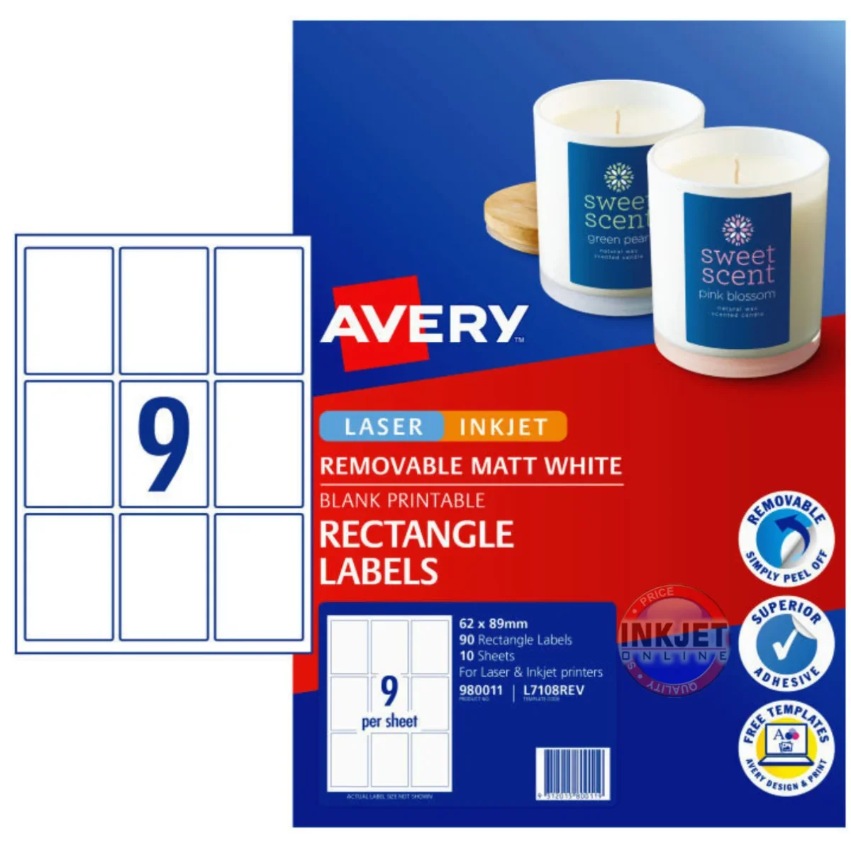 Avery Rectangle Labels L7108REV – 9up, 90 Labels, Matt White… – Inkjet ...