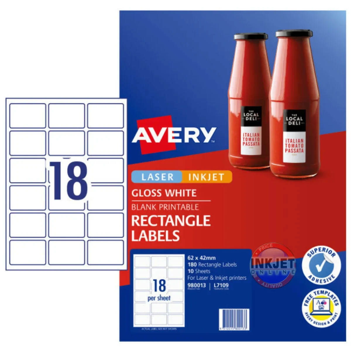 Avery Rectangle Labels L7109 – 18up, 180 Labels, Gloss White… – Inkjet ...