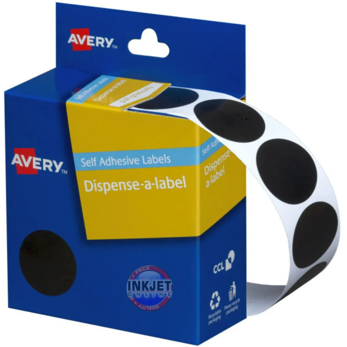 Avery Dispenser (24mm) Round Dot Black Labels – Roll of 500 – Inkjet Online