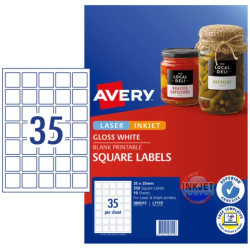 Avery Square Labels L7119 – 35up, 350 Labels, 35mm Gloss White ...