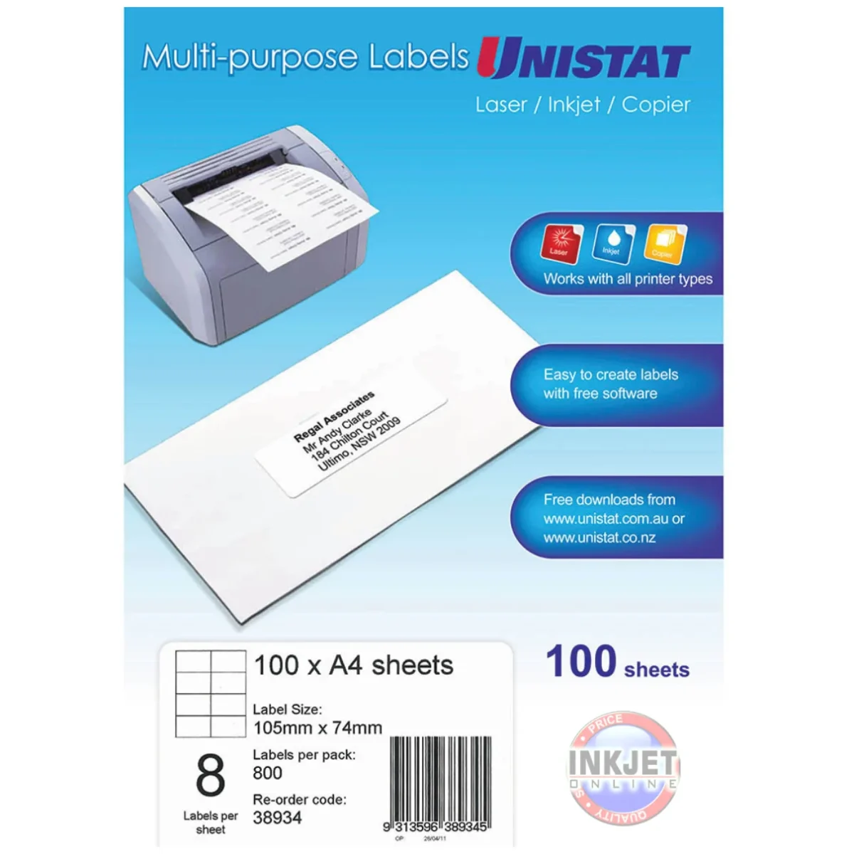 Unistat (8up) Multi-Purpose Labels (800 Labels) | Inkjet Online ...